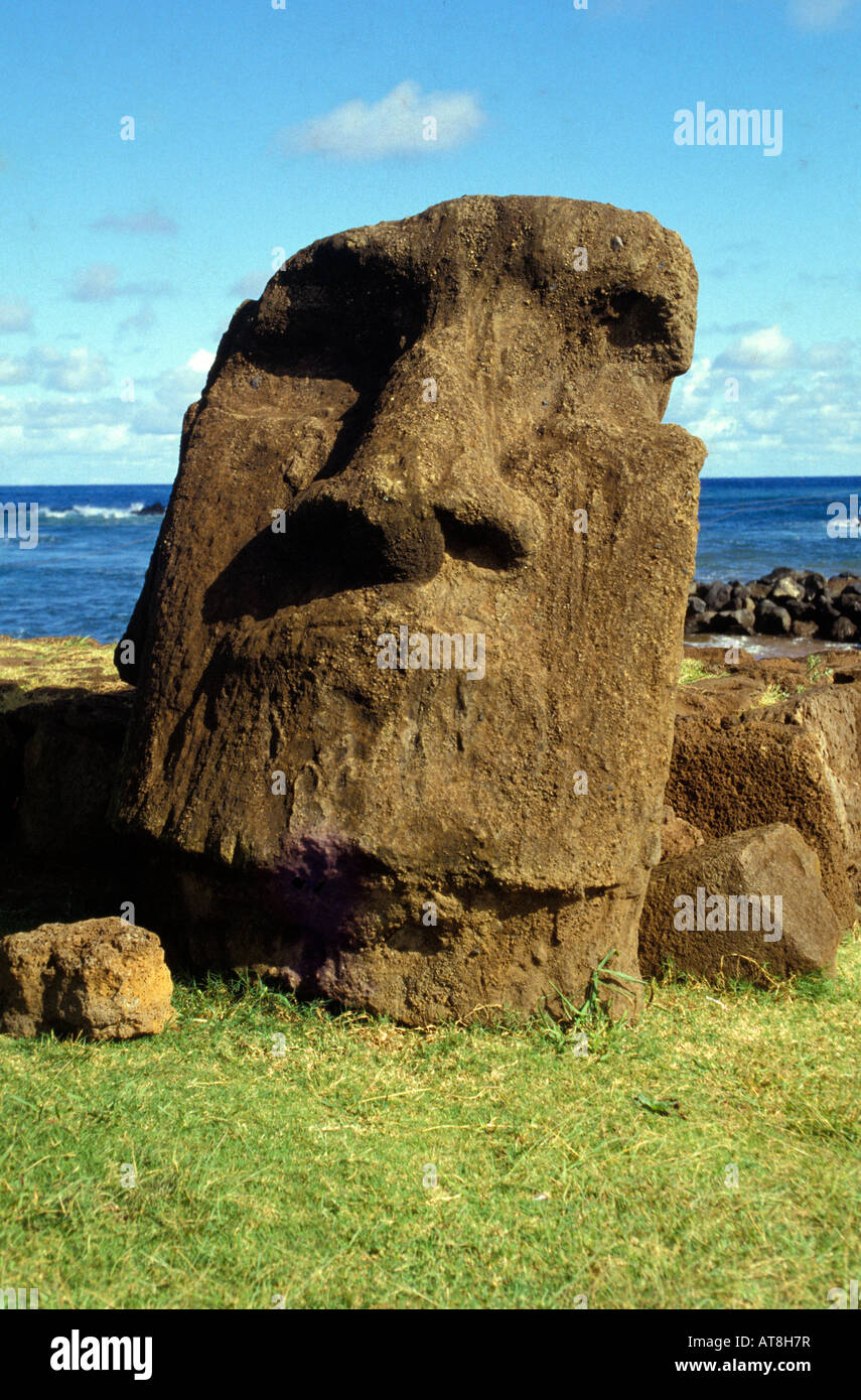 Close up of eroded moai or sacred stone statue of the Rapa Nui people ...