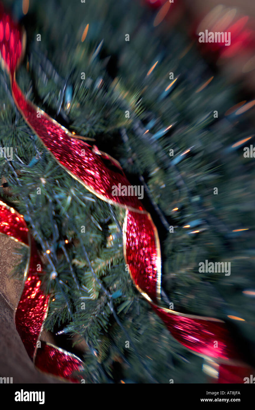 Red ribbon and lights on Christmas tree Stock Photo - Alamy