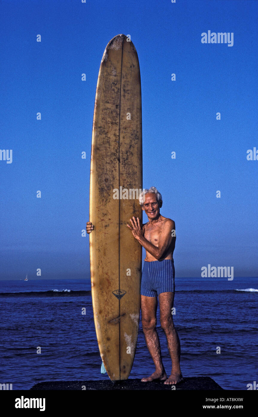 Old time surfer Arthur Reese with his longboard Stock Photo - Alamy
