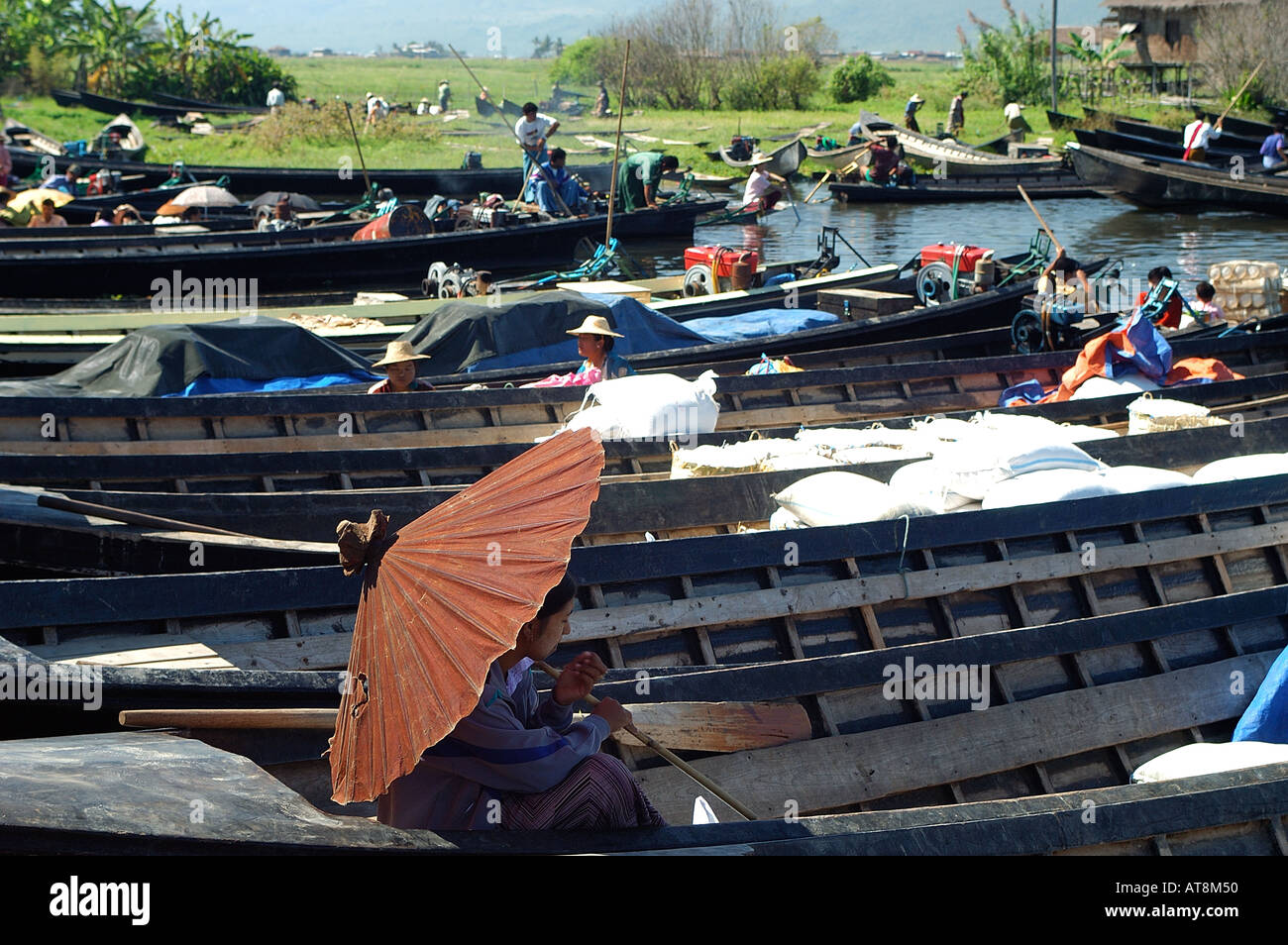 boats at 5 day market Inle Lake Burma Myanmar Stock Photo - Alamy