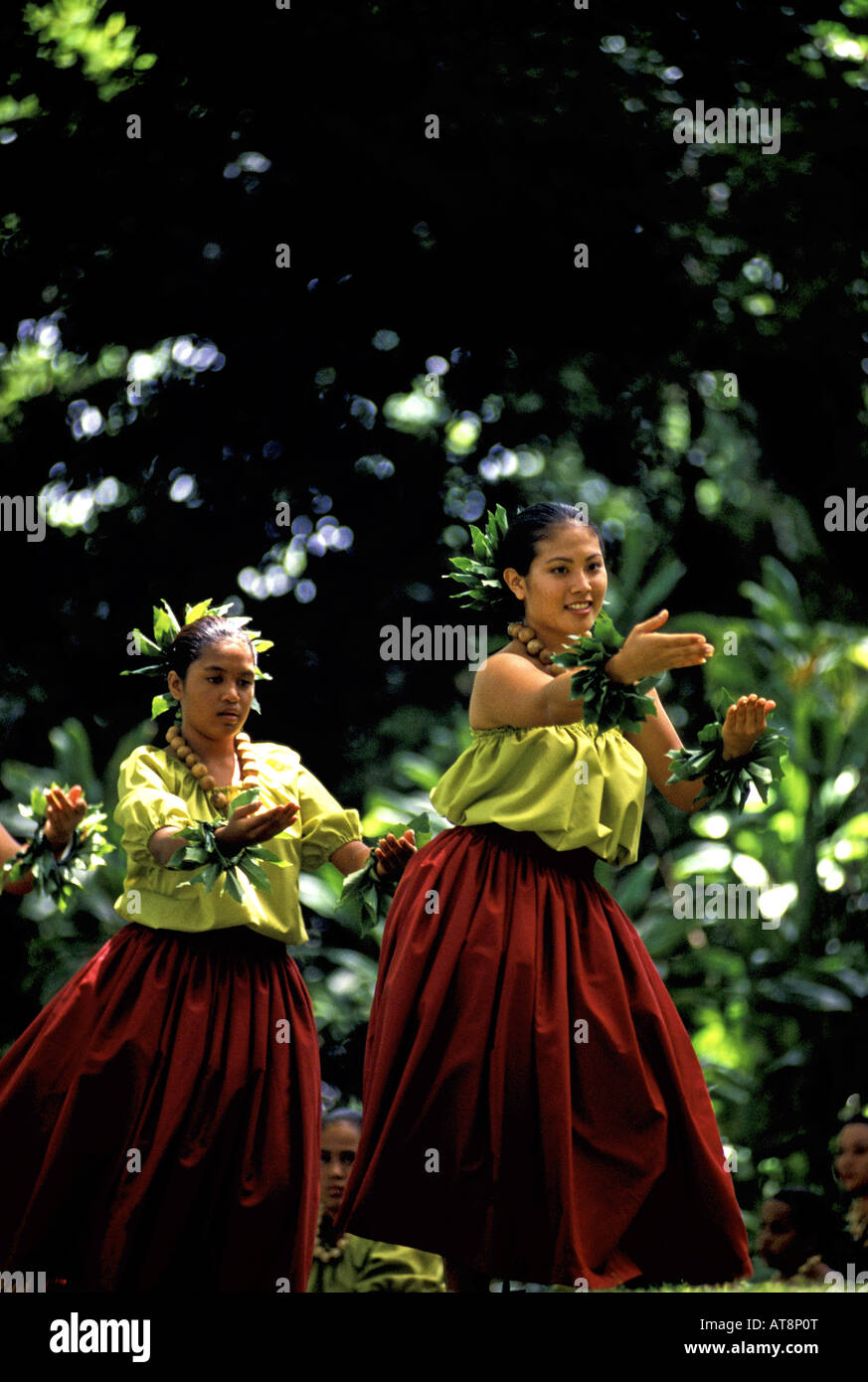 Close-up of two female hula dancers, wearing traditional costumes and ...