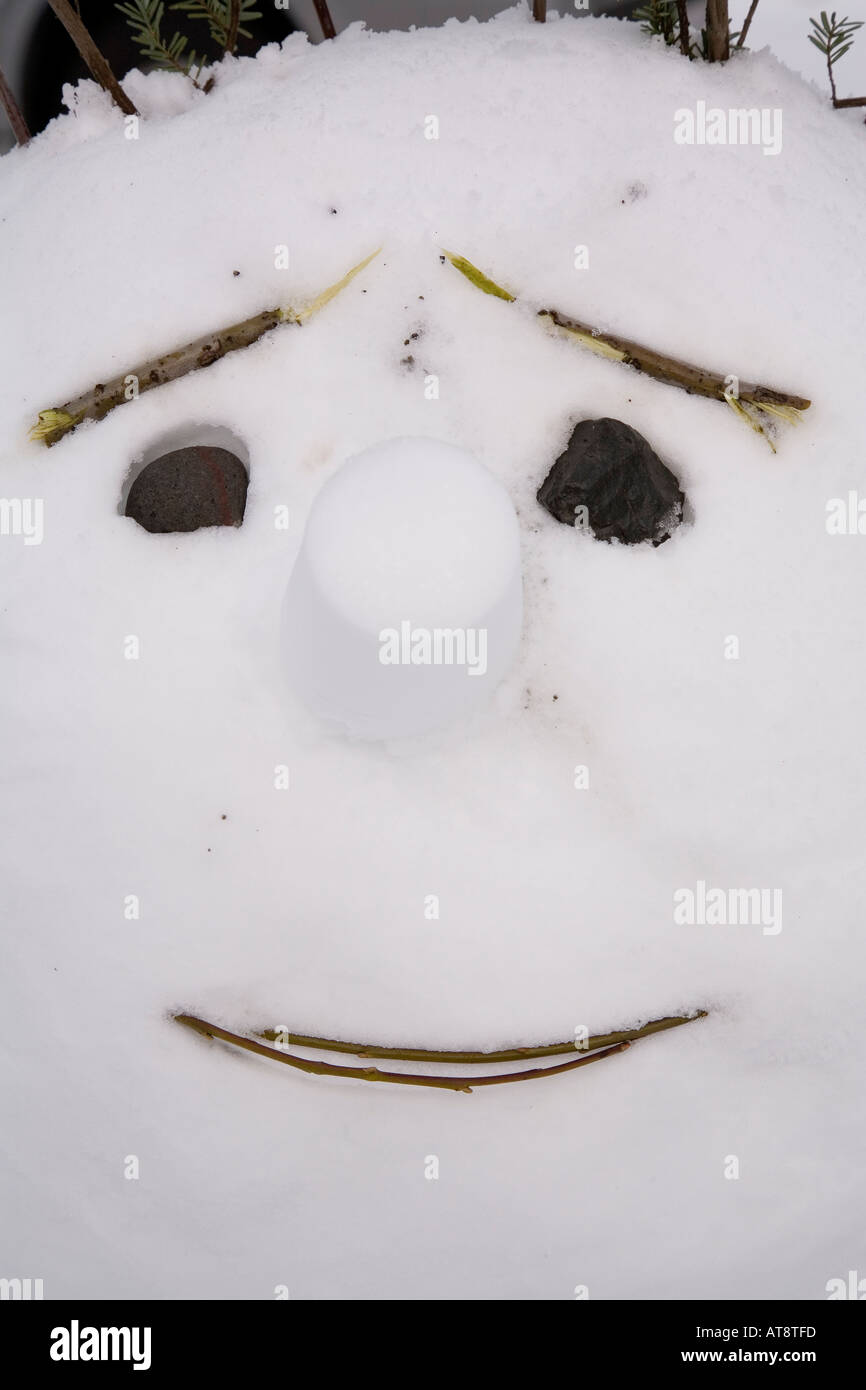 Snowman face with a snowcone nose rocks as eyes and wooden twigs for ...