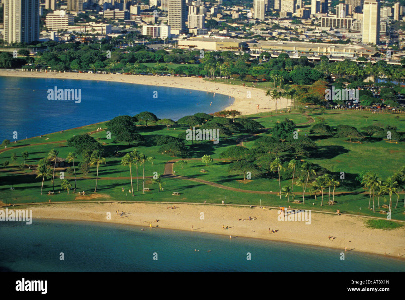 Aerial view of magic island beach park with ala moana beach and ...