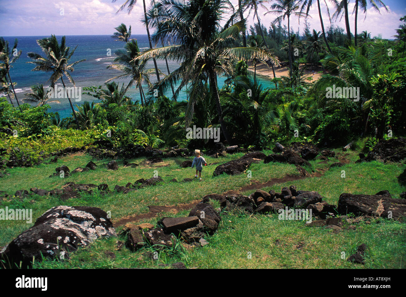 Kee beach with Ka ulu paoa heiau, on the north shore of Kauai. Ka ulu ...
