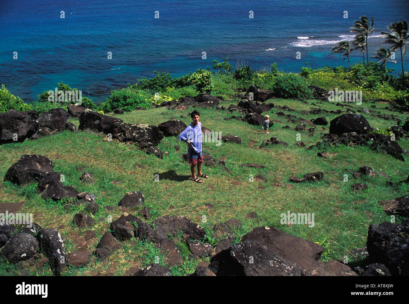 Kee beach with Ka ulu paoa heiau, on the north shore of Kauai. Ka ulu ...