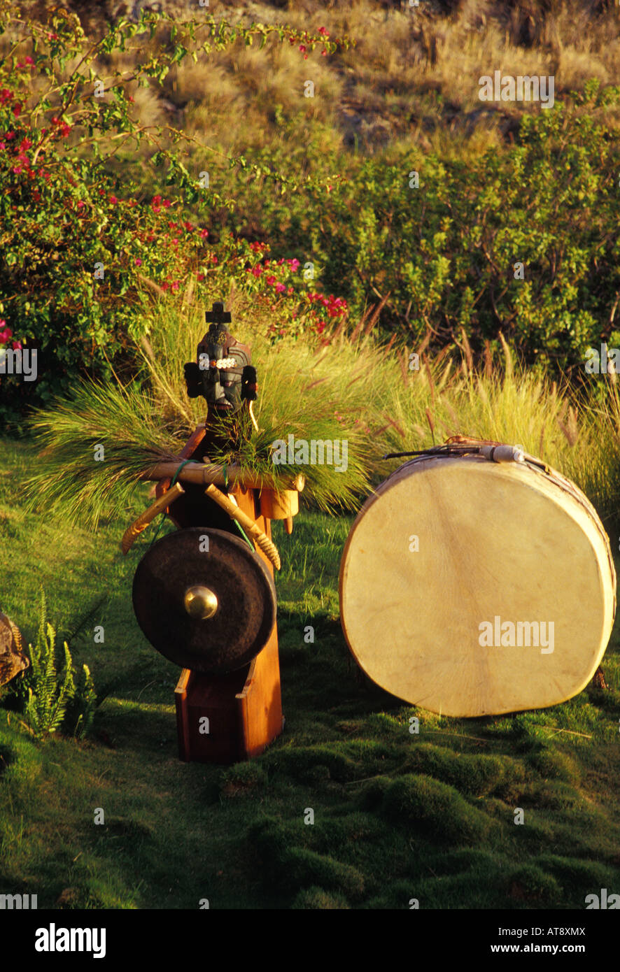 Native american drum and asian gong in outdoor garden setting Stock ...