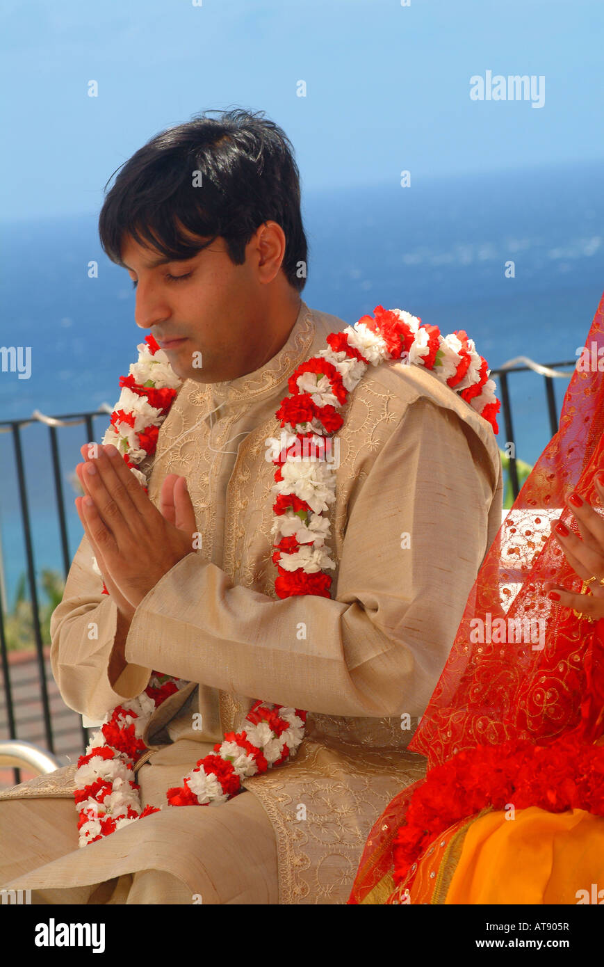 Tradditional Hindi wedding with groom wearing carnation flowers sitting ...