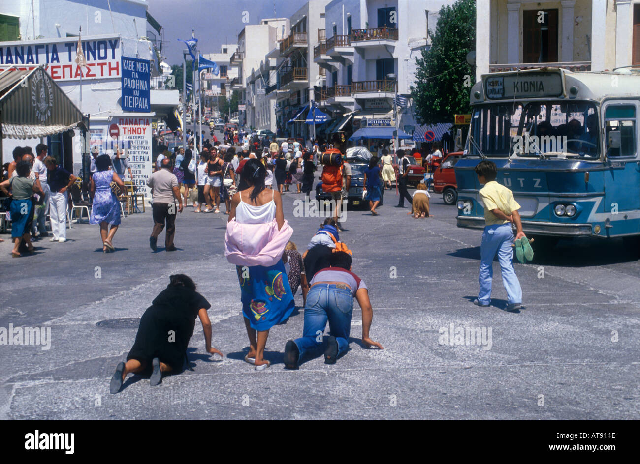 group of penitents creeping on th street in Tinos place of Panagia ...