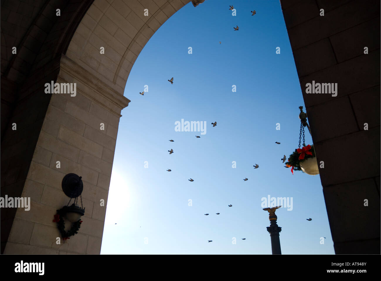 Pigeons in flight through an arch at Union Station Washington DC Stock ...