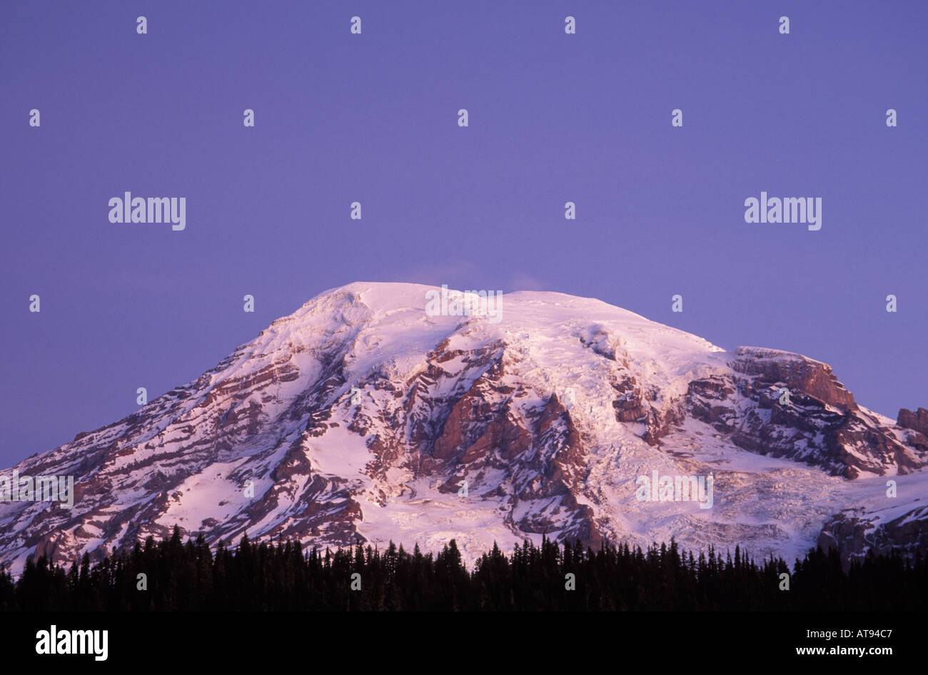 Sunrise on Mount Rainier above tree line from Reflection Lakes Mount ...