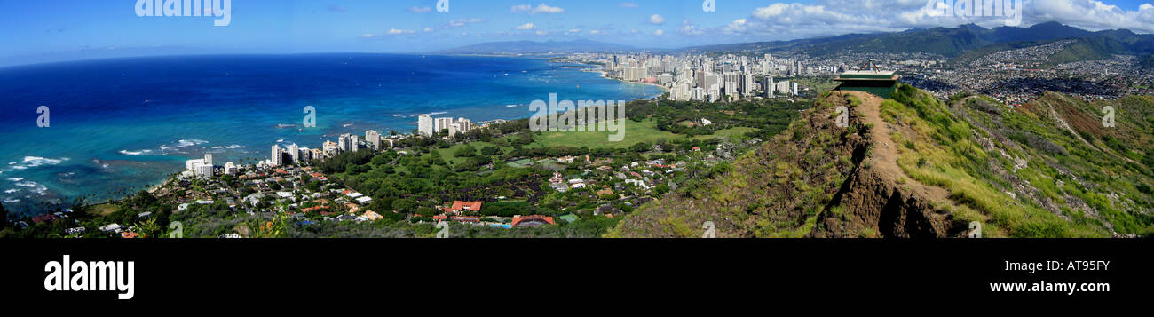 Panoramic view of Diamond Head and Waikiki taken from the trail inside ...