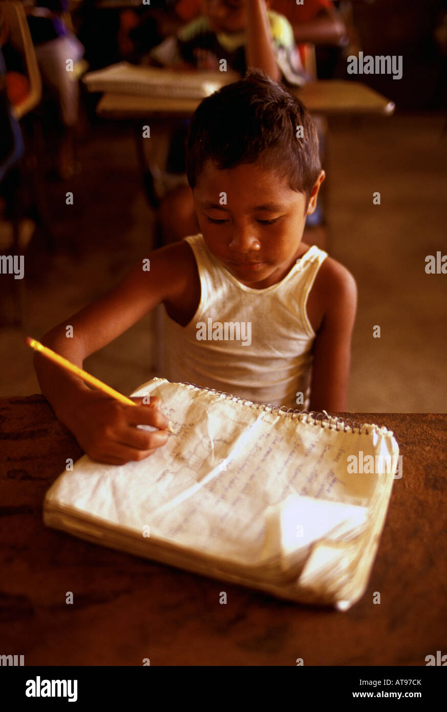 Children studying in school, writing in notebook, in Yap, Micronesia ...