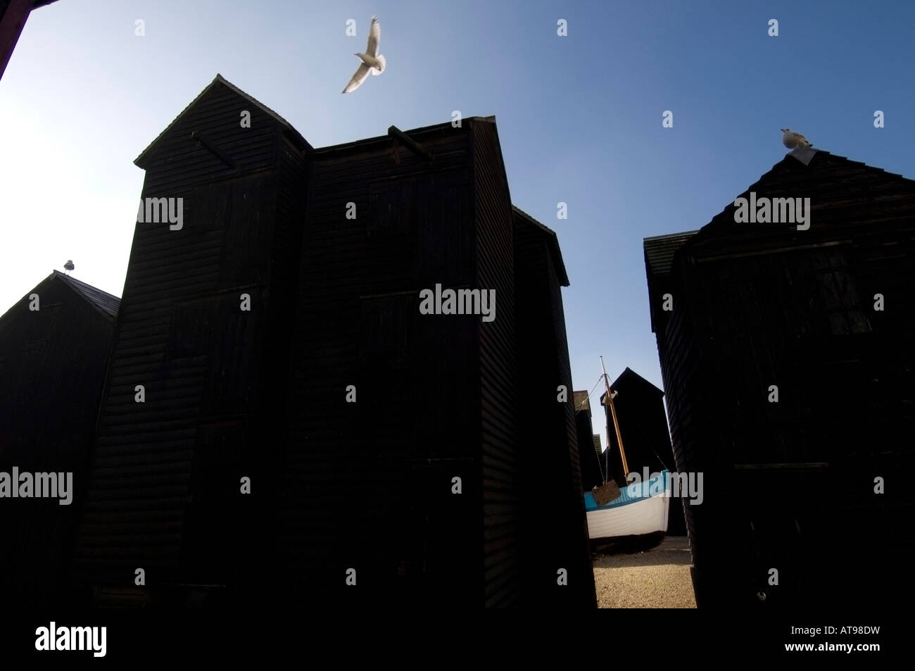 Victorian Net Shop huts in the Old Town by Hastings beach The tall ...