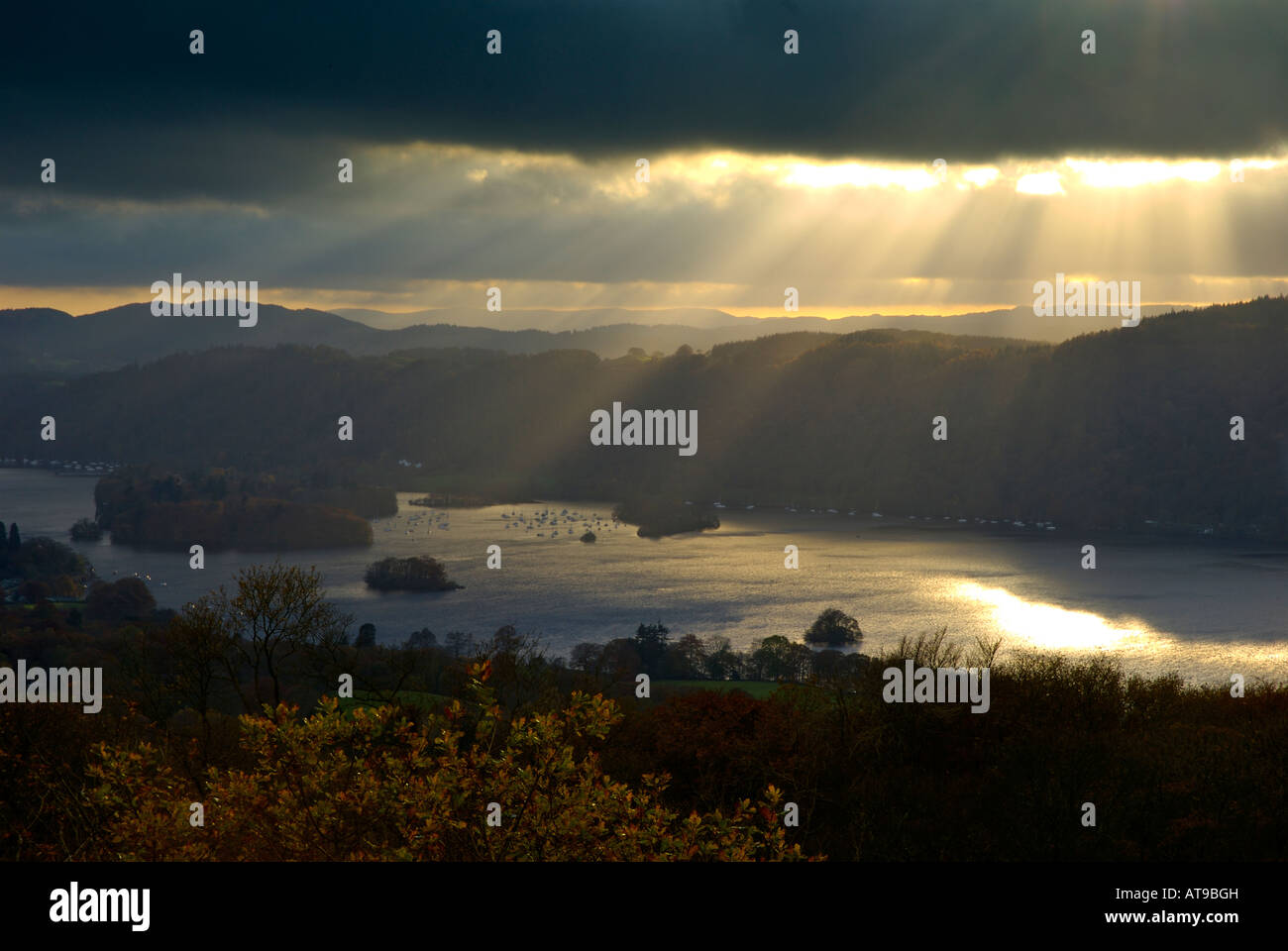 Moody view of Lake Windermere from the viewpoint of Orrest Head, near ...