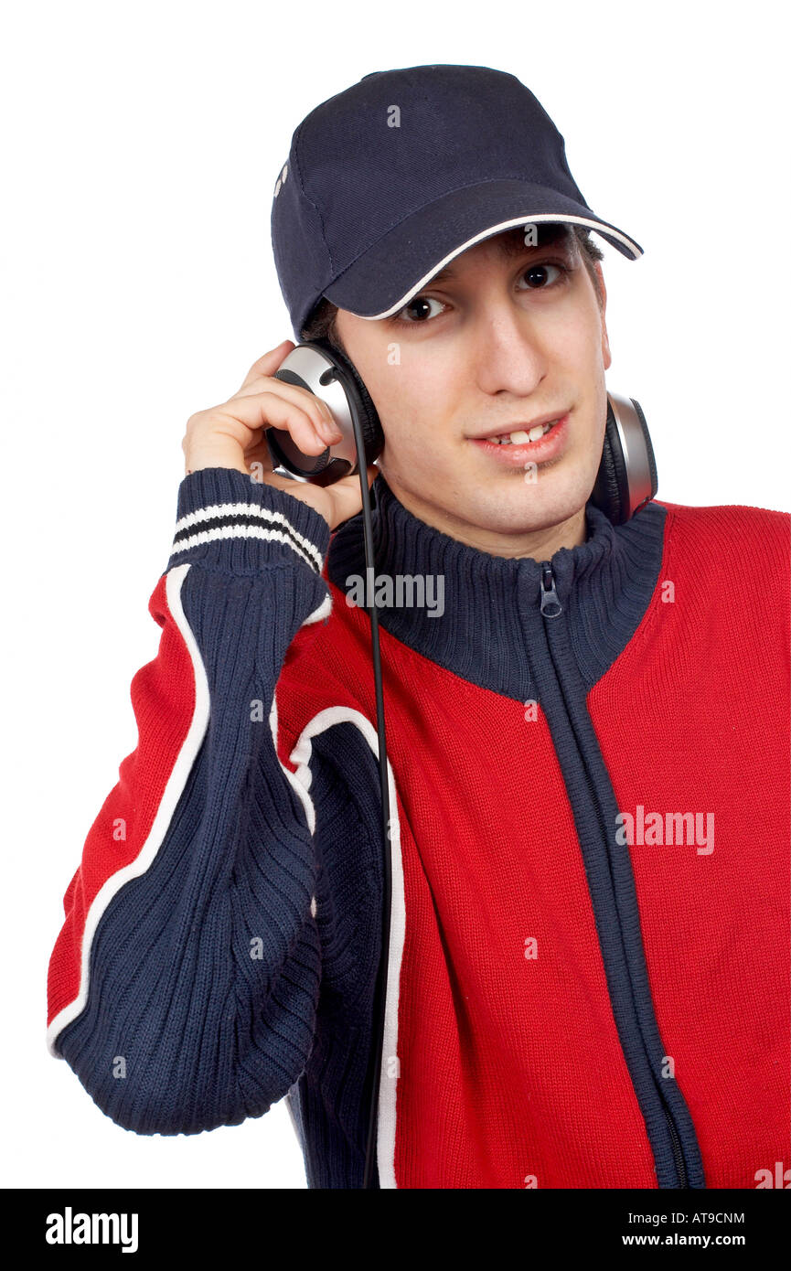 Disc jockey with headphones on white background Stock Photo - Alamy