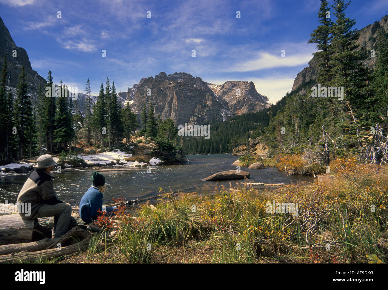 Hikers at The Loch lake in summer, The Sharkstooth in center, Loch Vale ...