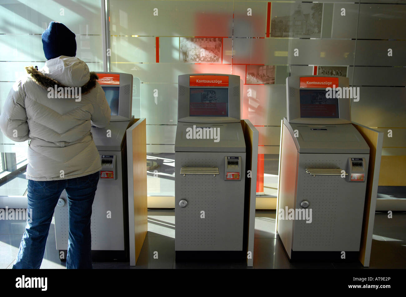 woman female bank german cash machines atm interior inside finance ...