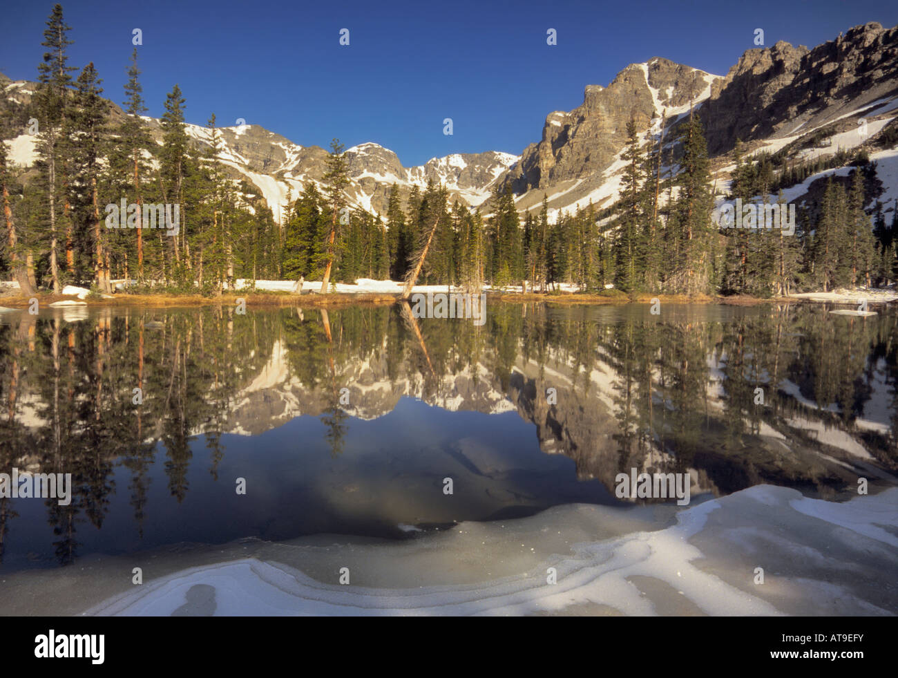 Elk Tooth Massif, ice on lake at St Vrain Creek in June, Indian Peaks ...