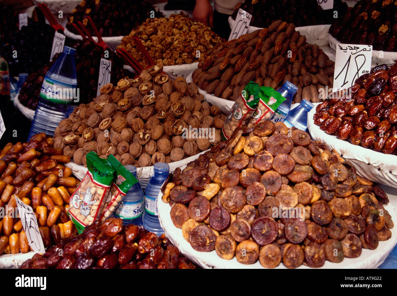 Moroccan vendor, dates, figs, walnuts, shop, medina, Fes el-Bali, city ...