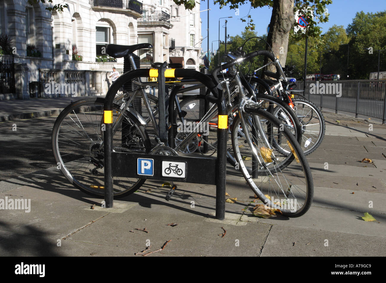 Bicycle locked in designated cycle bike only parking area rack in Pall ...