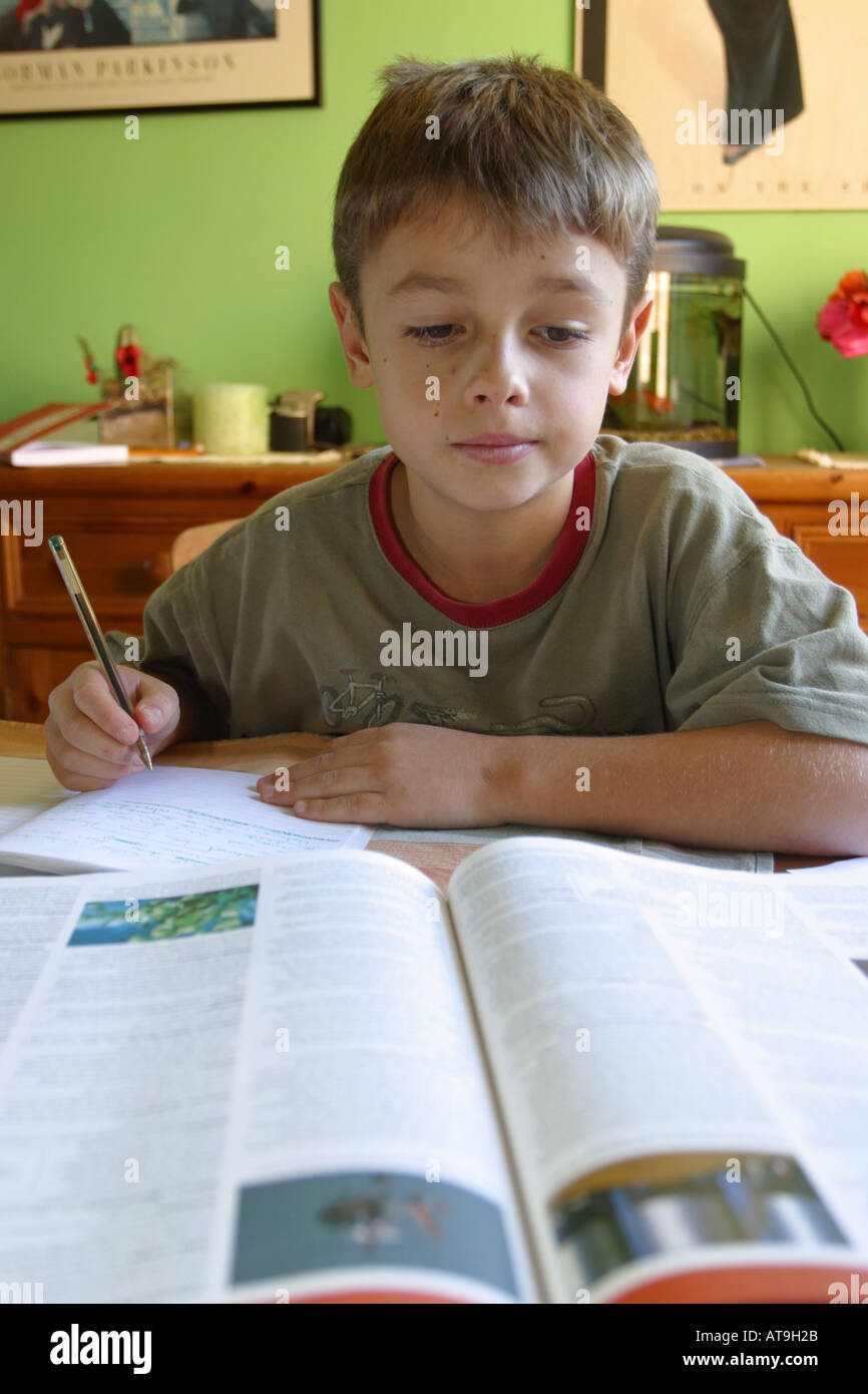 Young boy doing school homework at home making notes from an ...