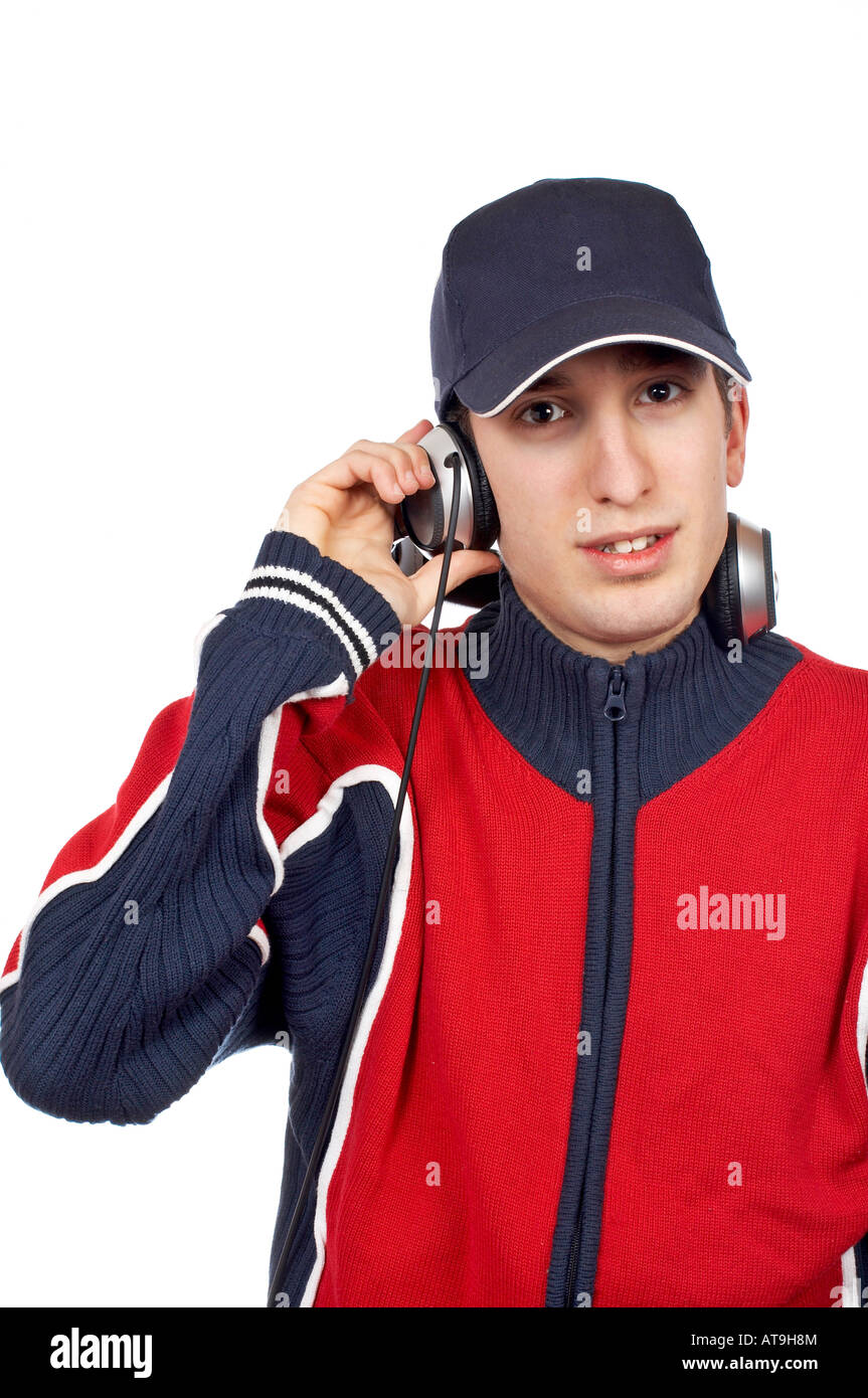 Disc jockey with headphones on white background Stock Photo - Alamy