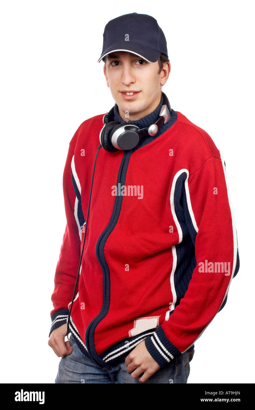 Disc jockey with headphones on white background Stock Photo - Alamy