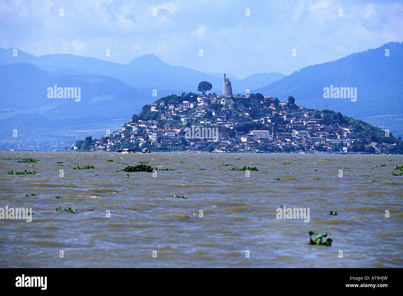 Isla Janitizio rising above waters of Lago Patzcuaro Michoacan state ...