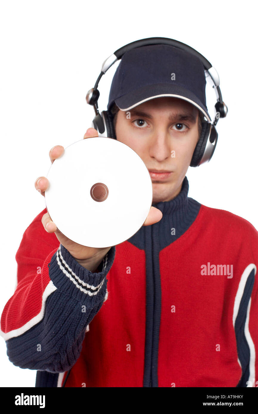 Disc Jockey holding a compact disc over a white background Focus on ...
