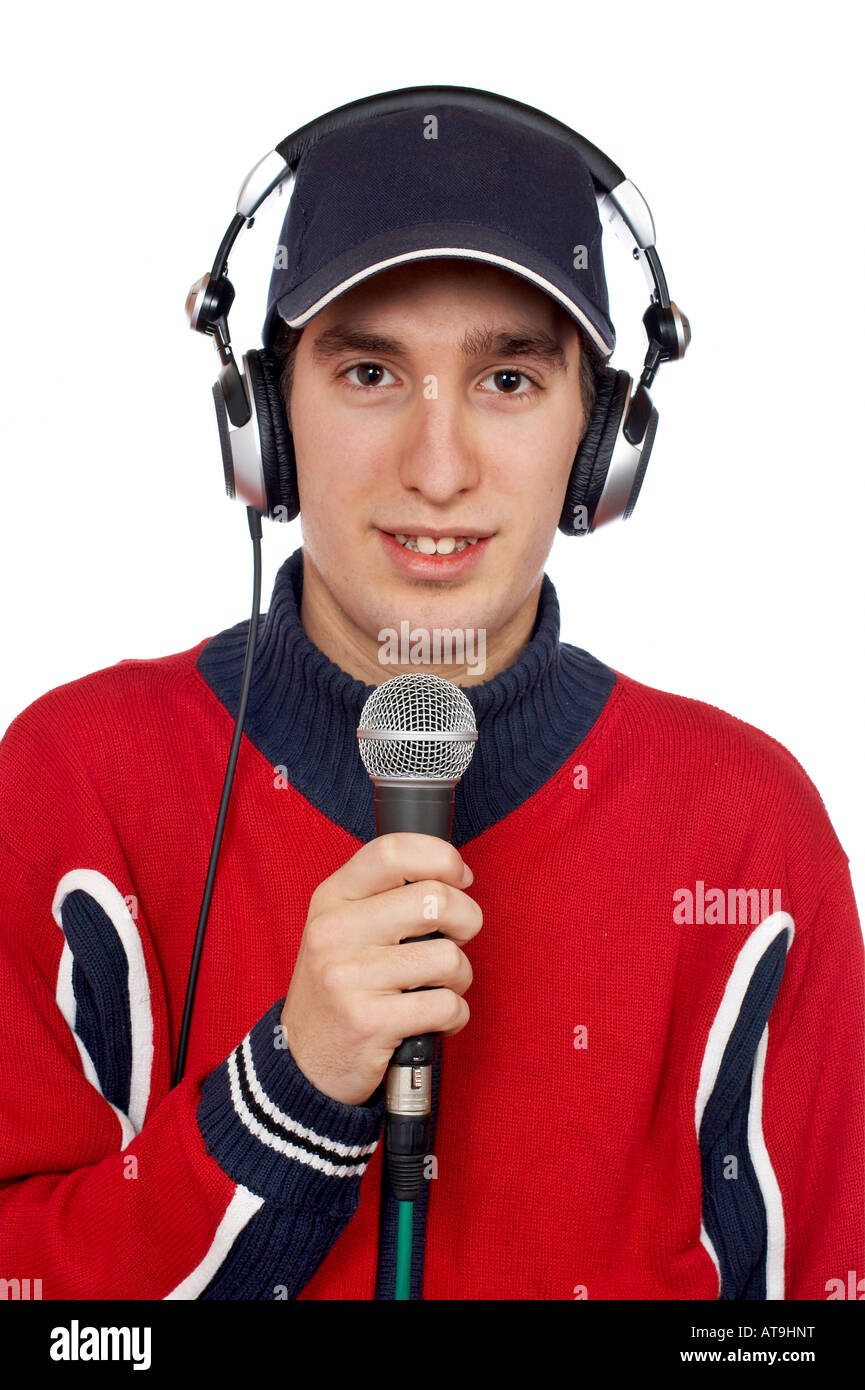 Disc jockey with headphones and microphone on white background Stock ...