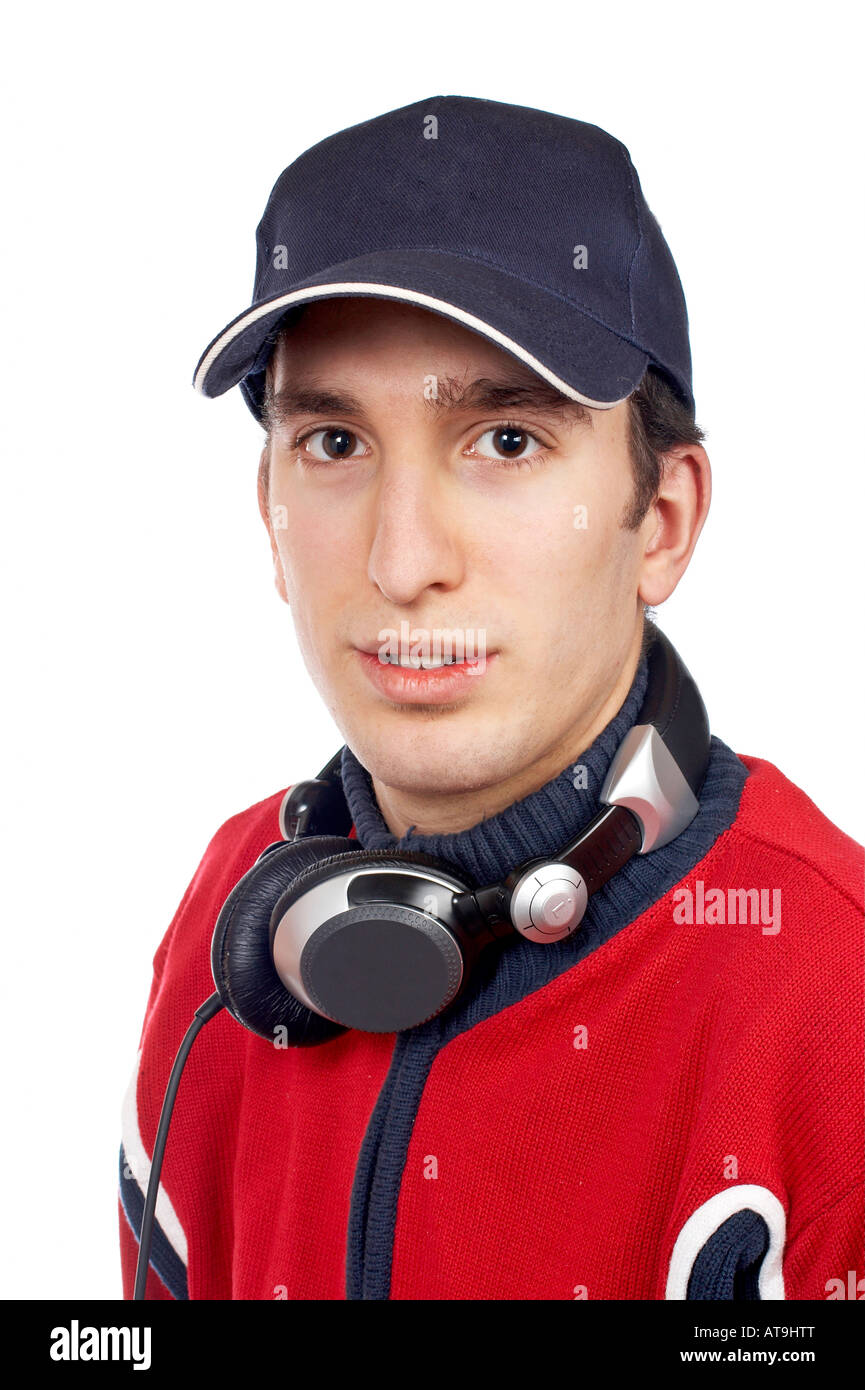 Disc jockey with headphones on white background Stock Photo - Alamy