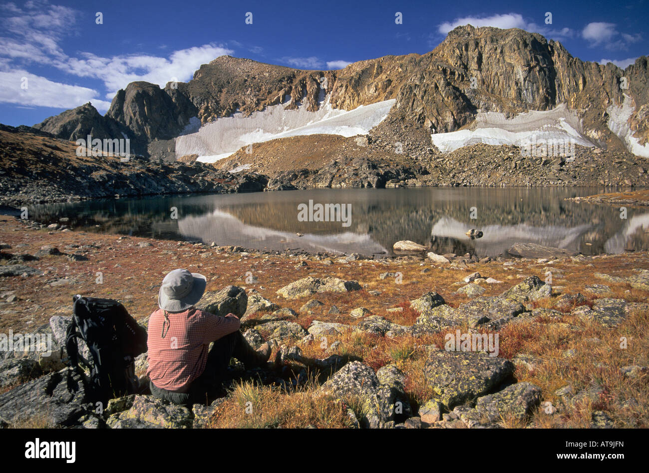 Hiker at Lake Dorothy Mount Neva near Arapaho Pass Indian Peaks ...