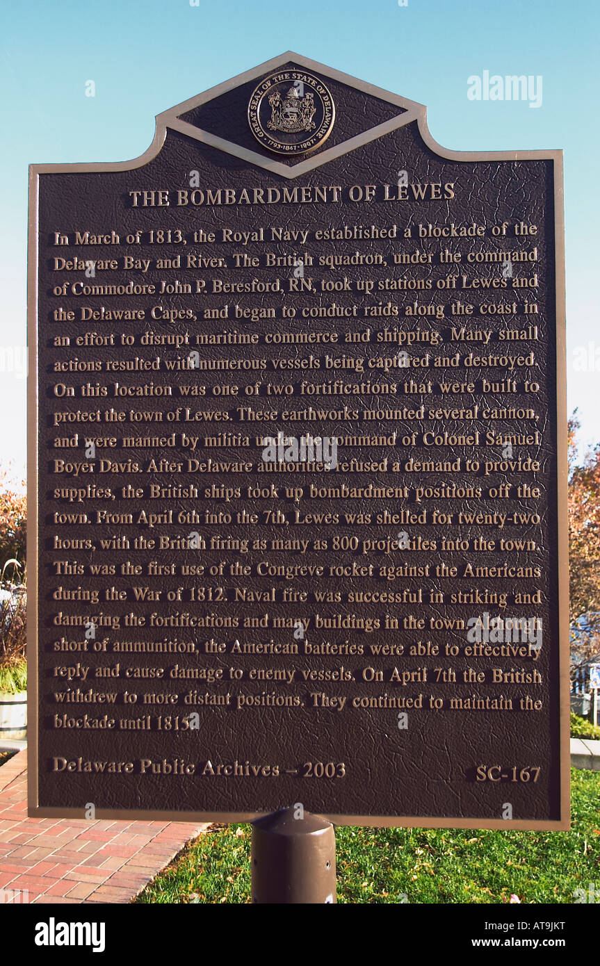 An historical marker describing the Bombardment of Lewes Lewes Delaware ...