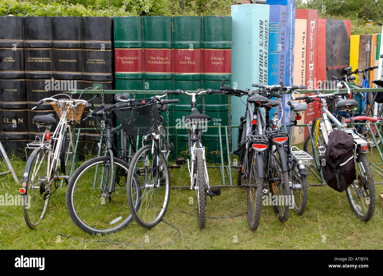 Bike rack in front of large giant book display at entrance to The ...
