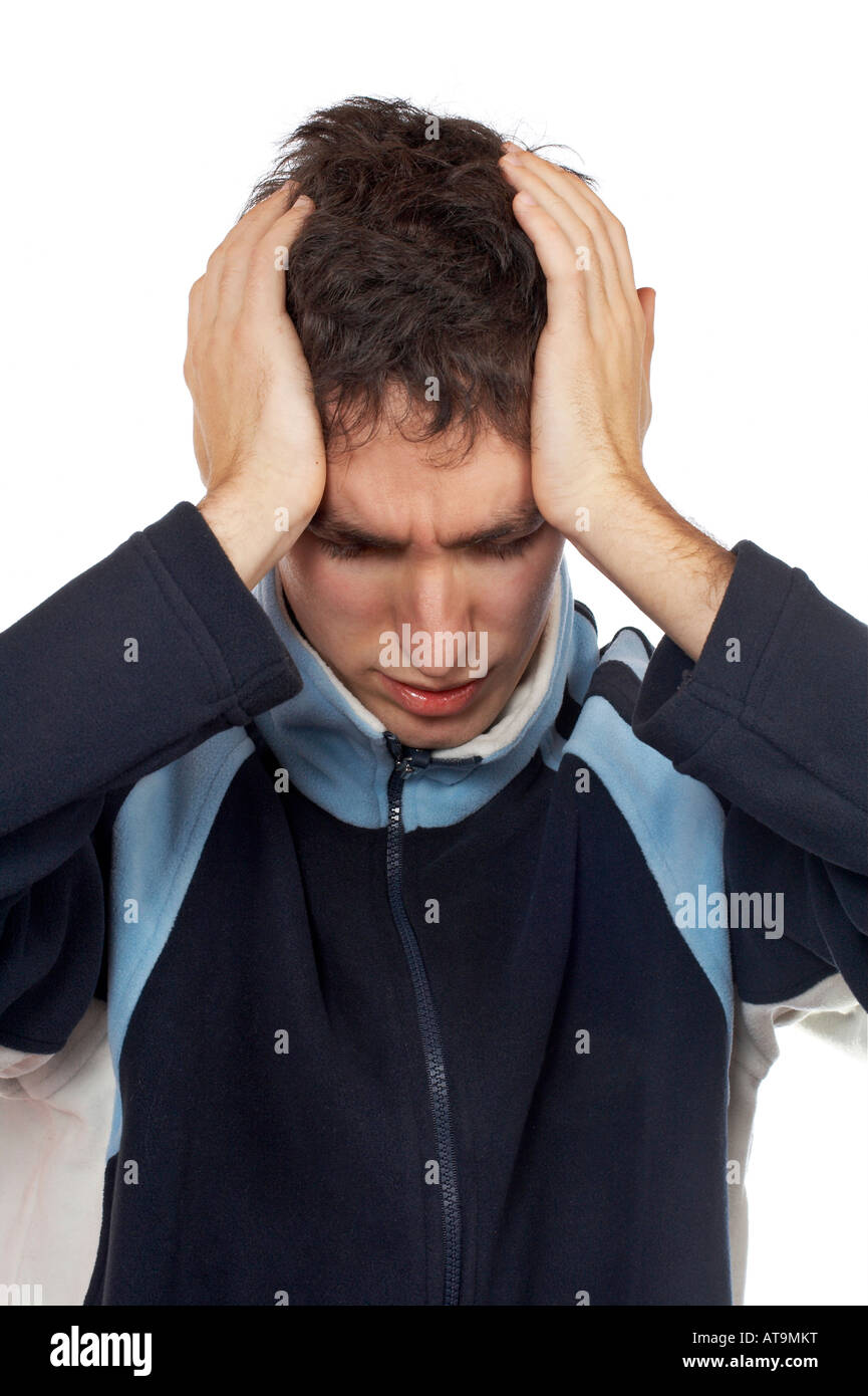 A stressed teenager over a white background Stock Photo - Alamy