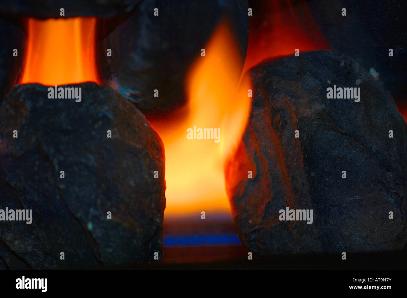 Closeup Of Gas Fire Flames & Artifical Coal Stock Photo - Alamy