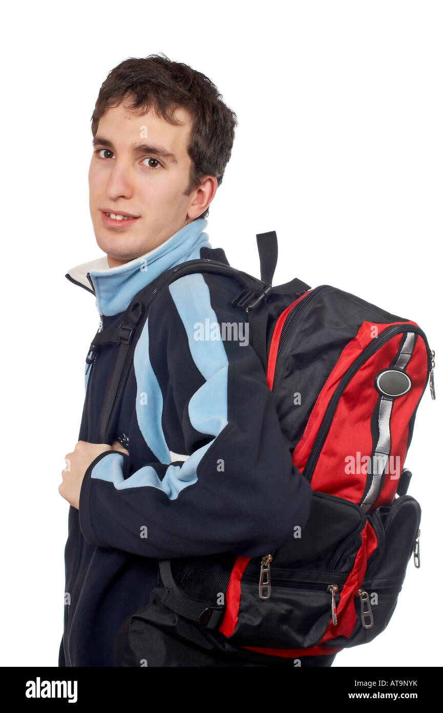 Teen student with a black backpack on white background Stock Photo - Alamy