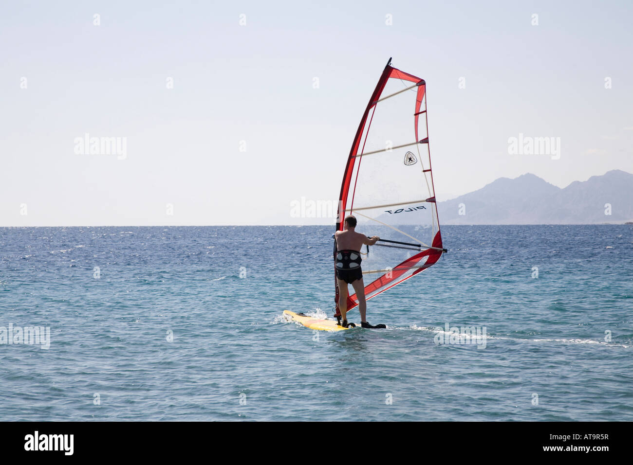 Taba Sinai Egypt North Africa February Man wind surfing on the calm sea ...
