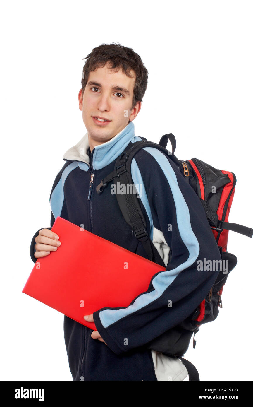 Teen student with a black backpack on white background Stock Photo - Alamy
