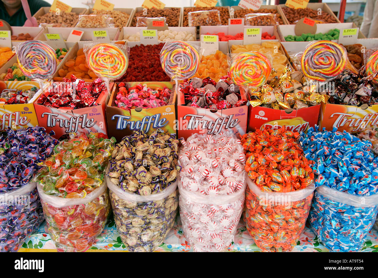 overhead view of packages various sweets abundance tempting containers ...