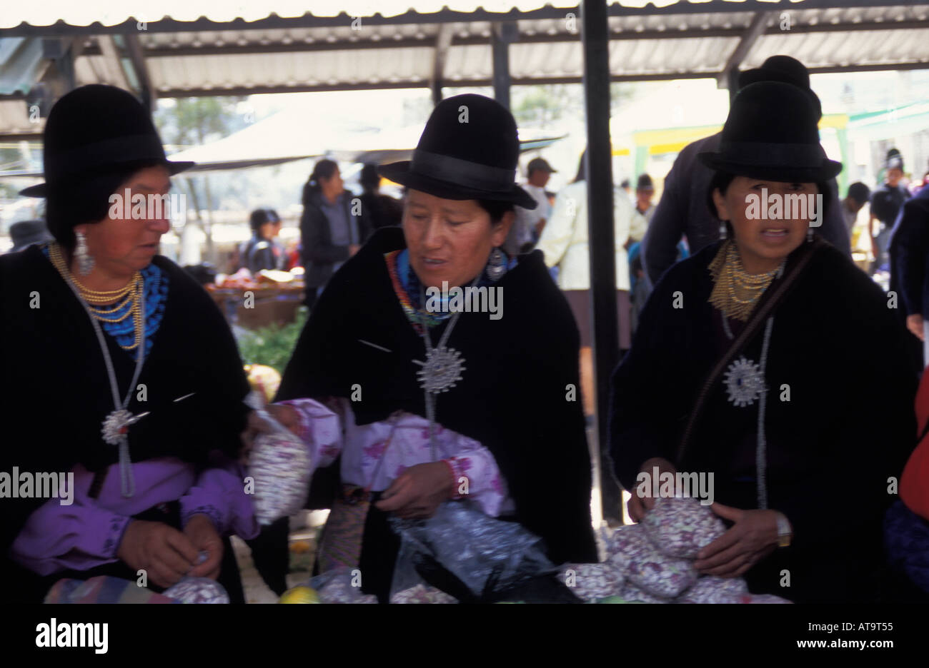 Three Indigenous Saraguro women in typical black clothes Stock Photo ...