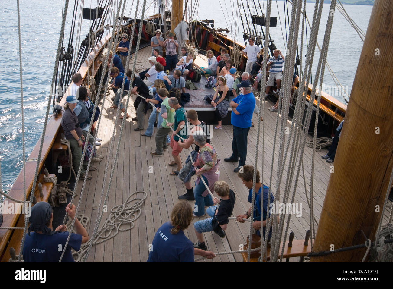 Hauling sail on a square rigger off the Cornish Coast, 2007 Stock Photo ...