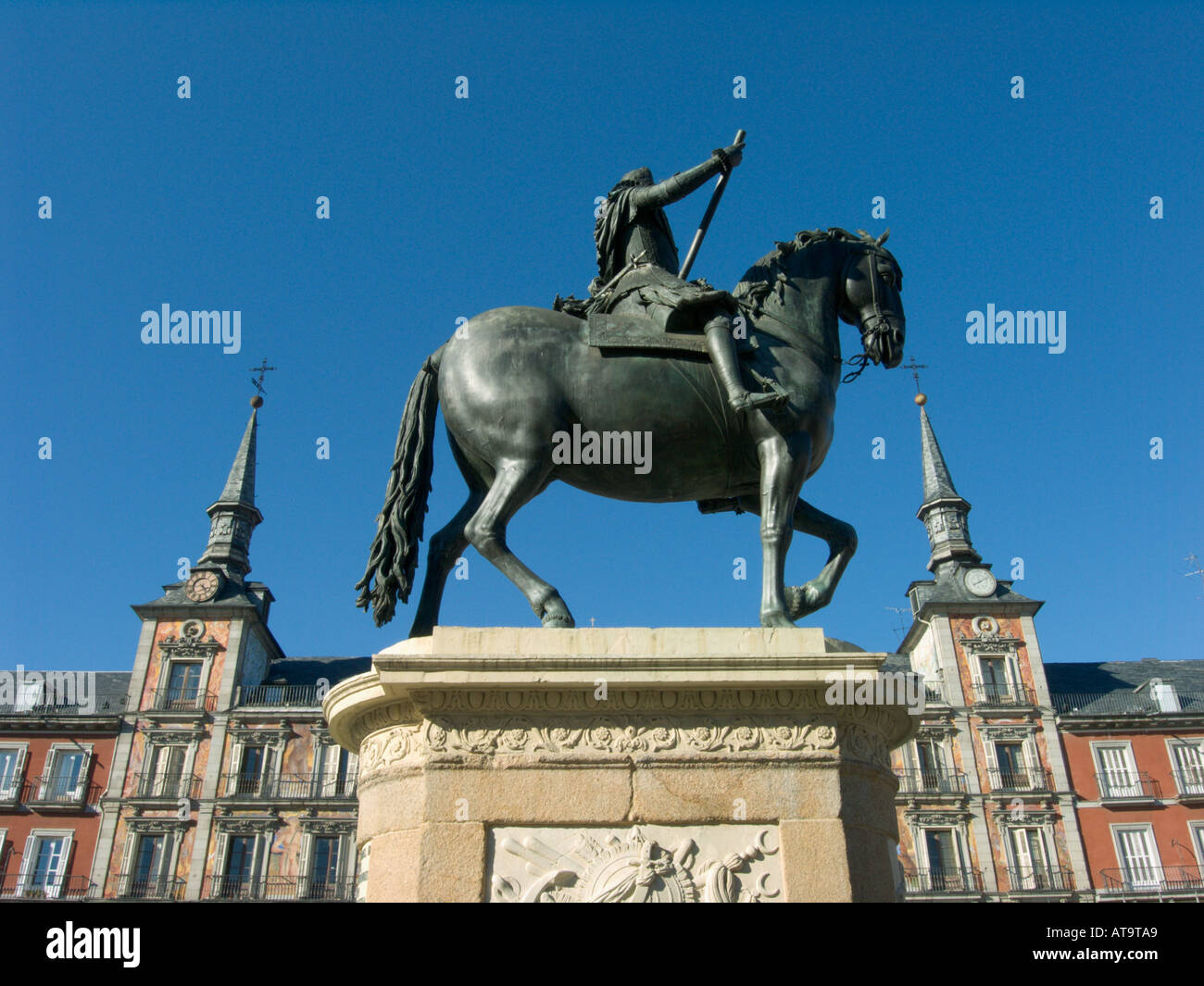 Madrid Spain capital city Plaza Mayor with large statue of Isabel the ...