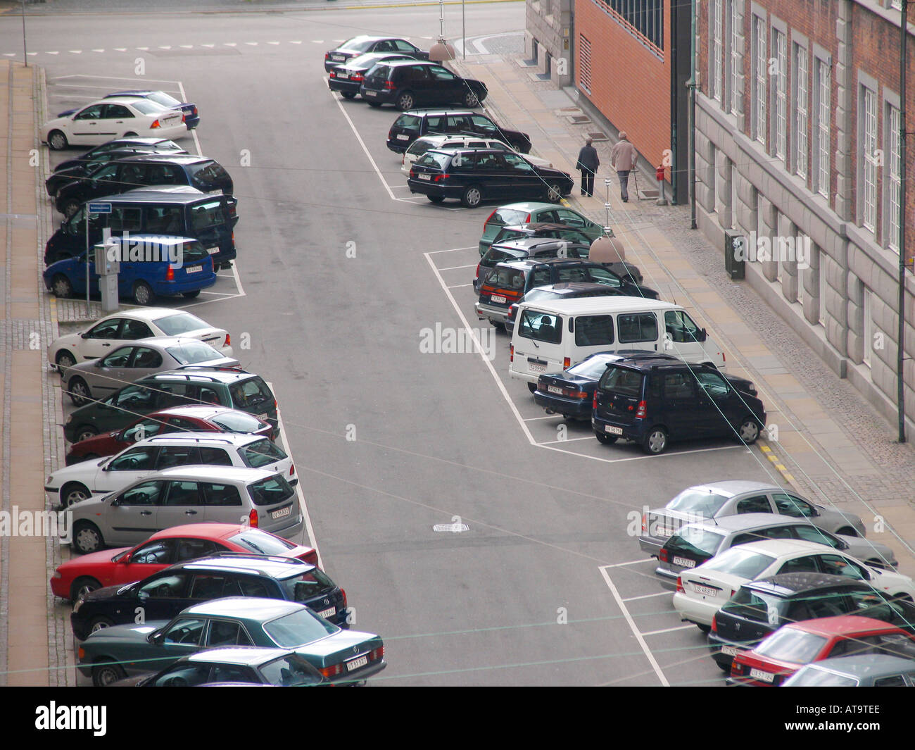 Copenhagen Denmark Aerial view of street with two pedestrians and ...