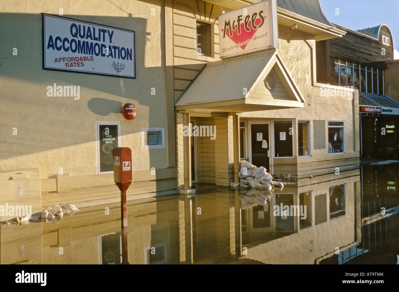 View of a flooded hotel in Queenstown New Zealand in December 1999 ...
