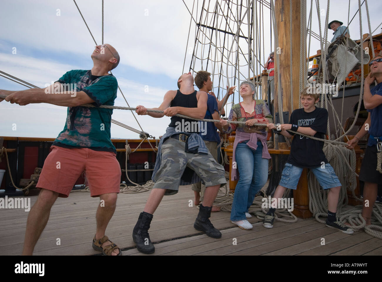 Hauling sail on a square rigger off the Cornish Coast, 2007 Stock Photo ...