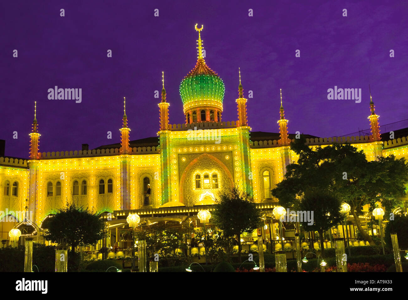 Copenhagen, Denmark. Tivoli Gardens pleasure park. The Nimb Brasserie ...
