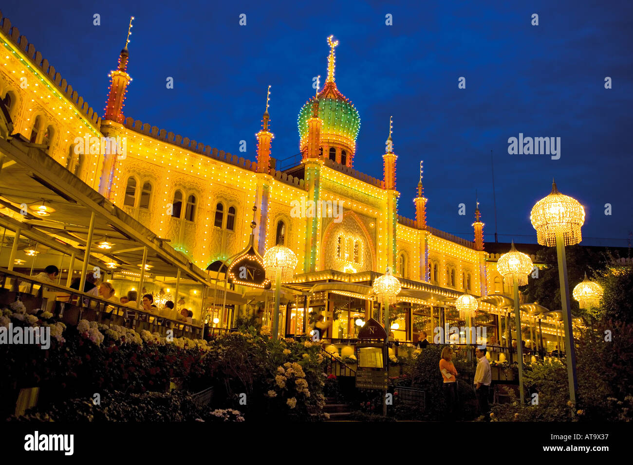 Copenhagen, Denmark. Tivoli Gardens pleasure park. The Nimb Brasserie ...