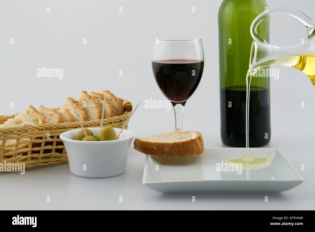 Italian bread setup with wine olive and bread and red wine Stock Photo ...