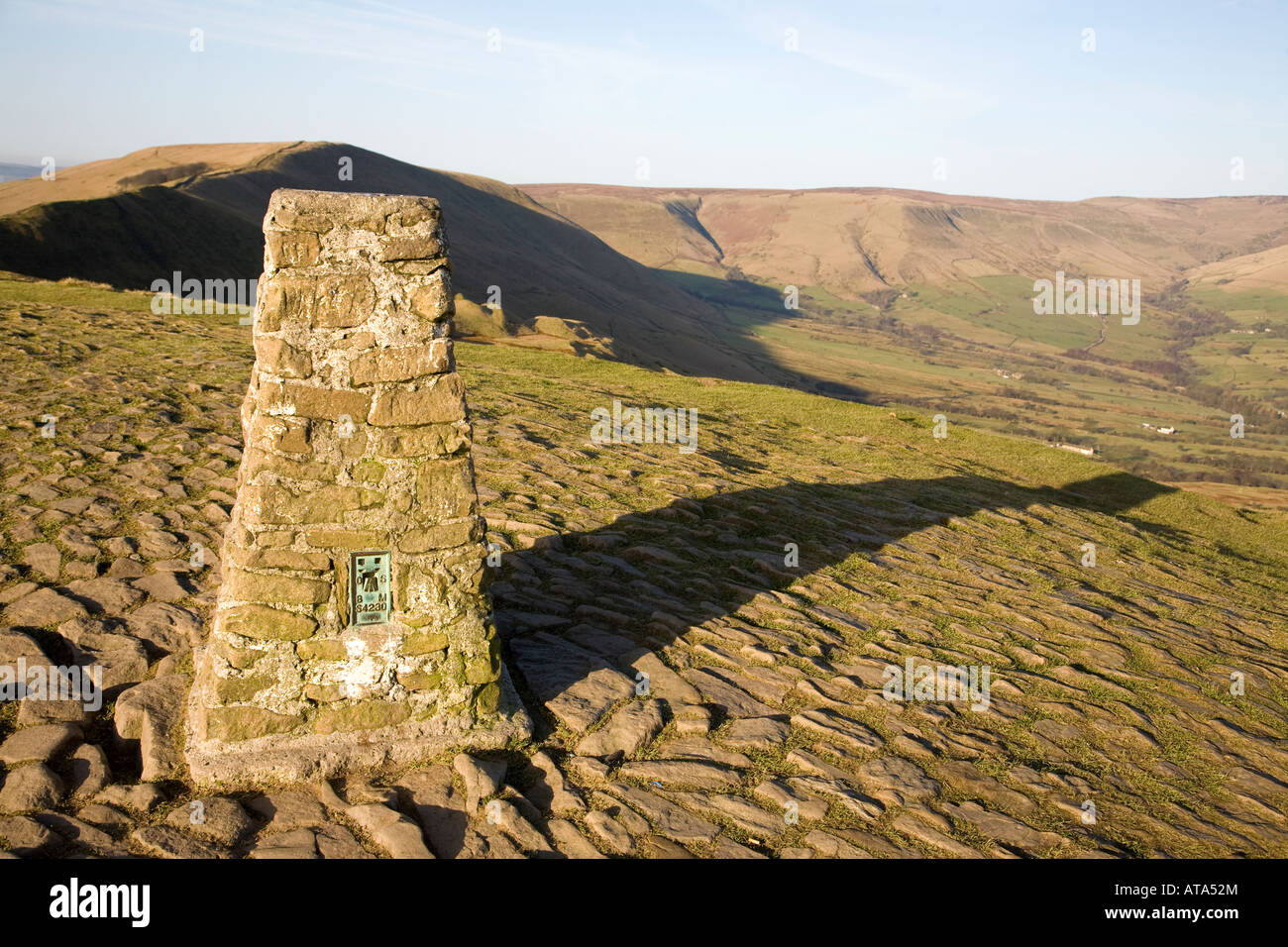 Trig point on top of Mam Tor in the Peak District Stock Photo - Alamy